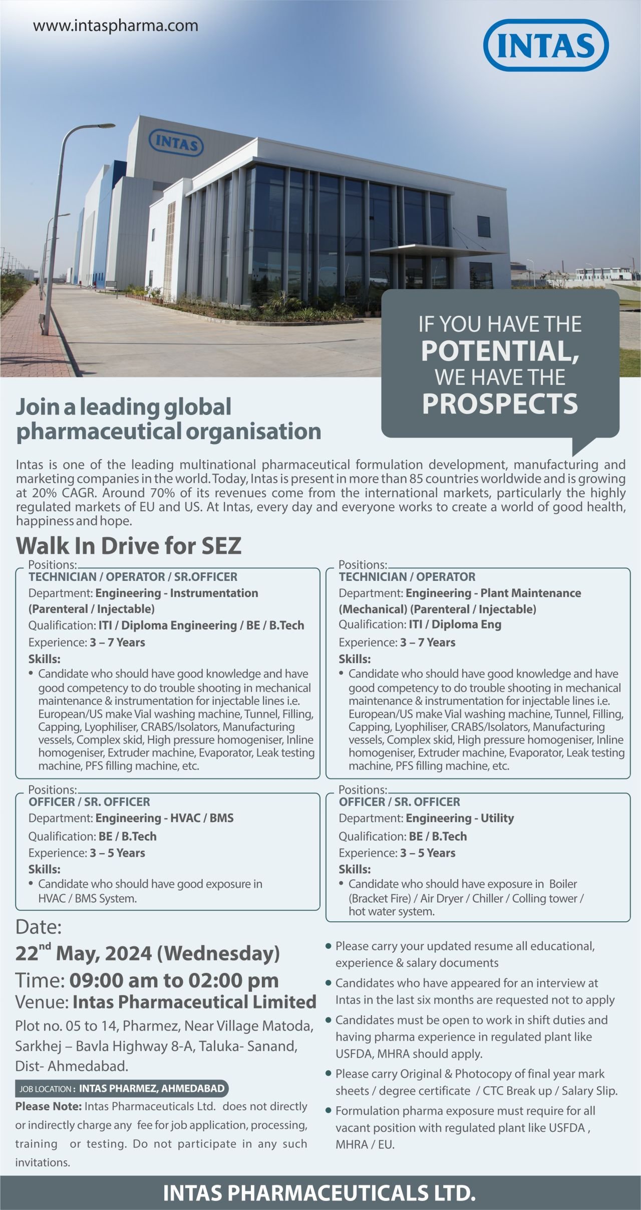 Intas Pharmaceuticals Hiring for Multiple Positions on 22nd May 2024