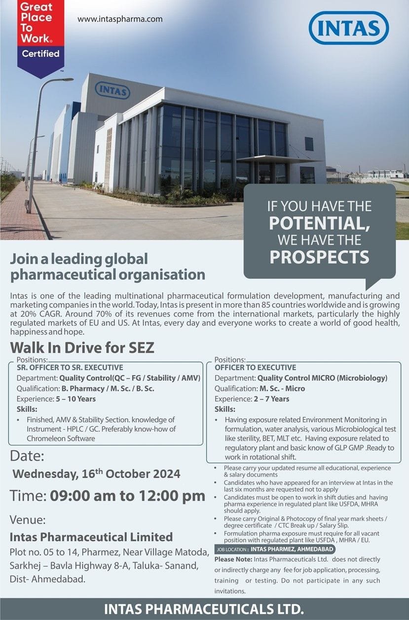 Intas Pharmaceuticals Hiring for Quality Control/ Quality Control Micro