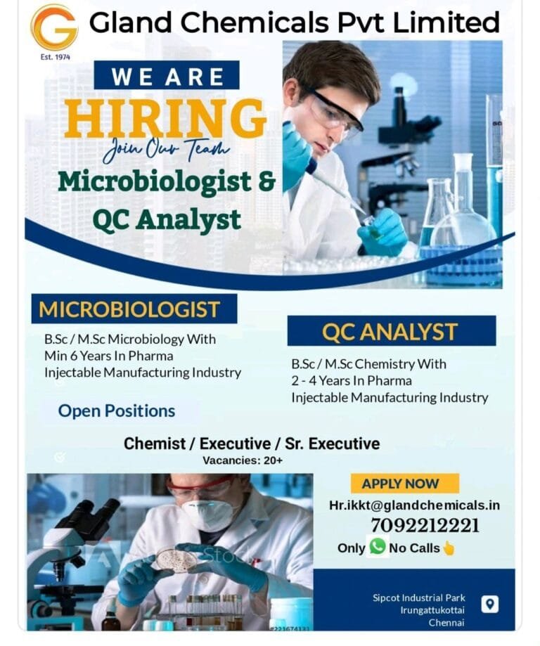 [Vacancies: 20+] Gland Chemicals Hiring for Microbiologist & QC Analyst