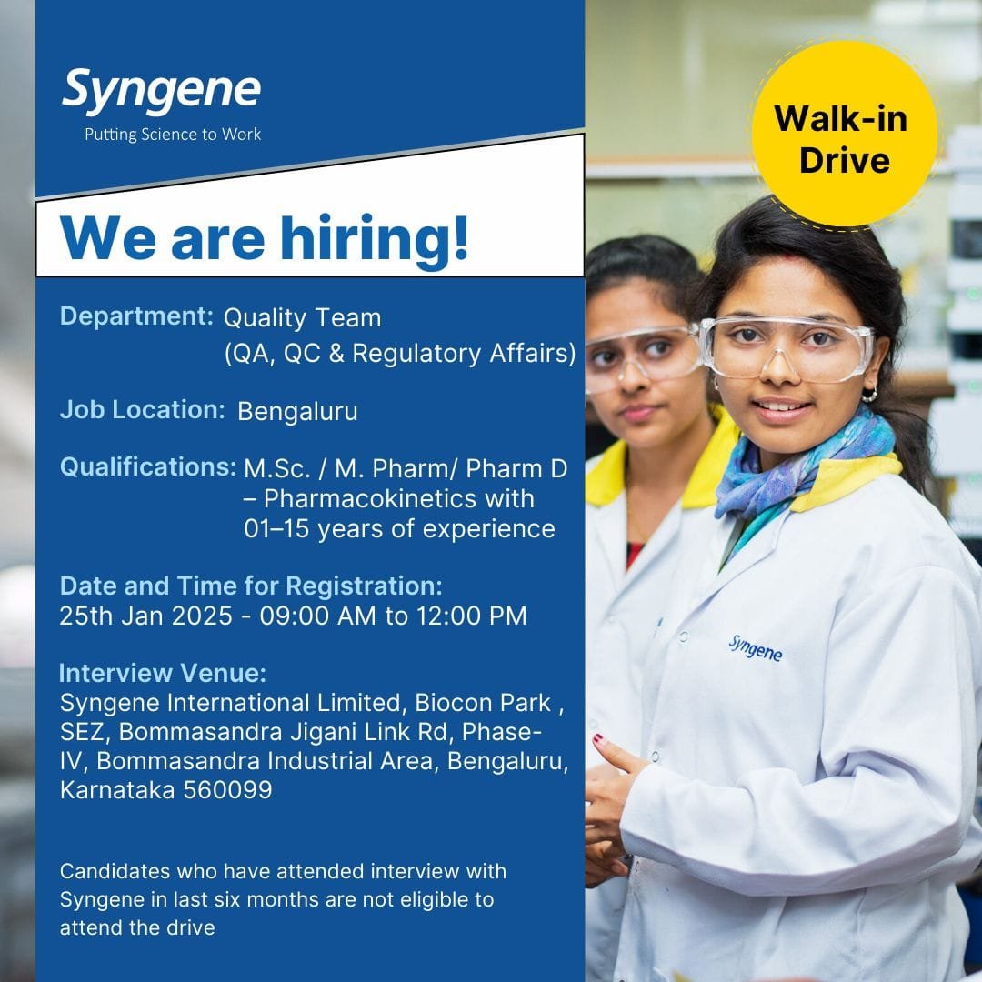 Syngene Hiring for QA, QC & Regulatory Affairs - M.Sc/ M. Pharm/ Pharm D