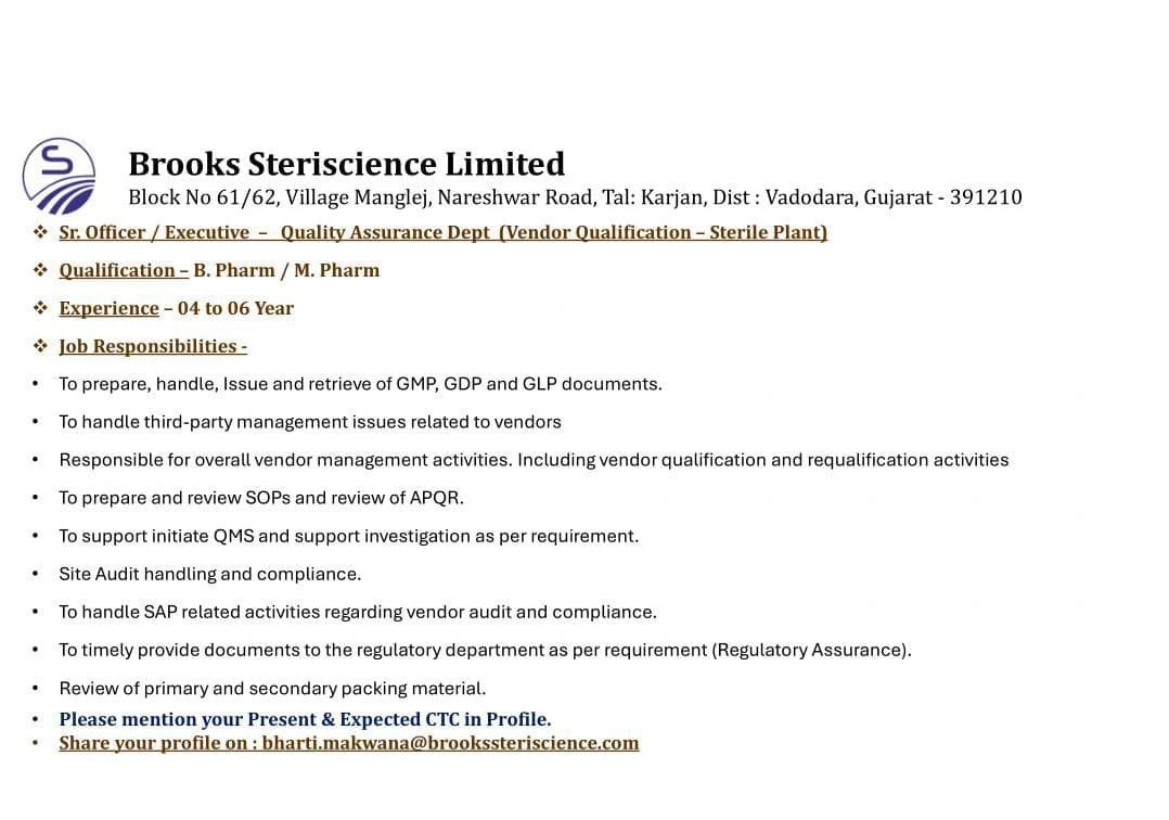 Brooks Steriscience Limited Hiring for Quality Assurance - B. Pharm / M ...