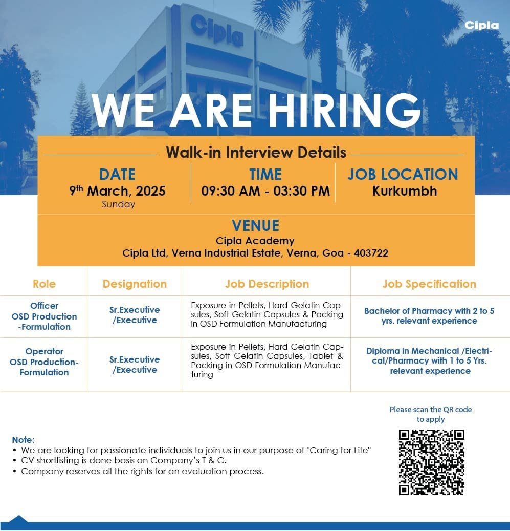 Cipla Ltd Hiring for Production - B.Sc, B.Pharm, M.Sc, M.Pharm @Goa