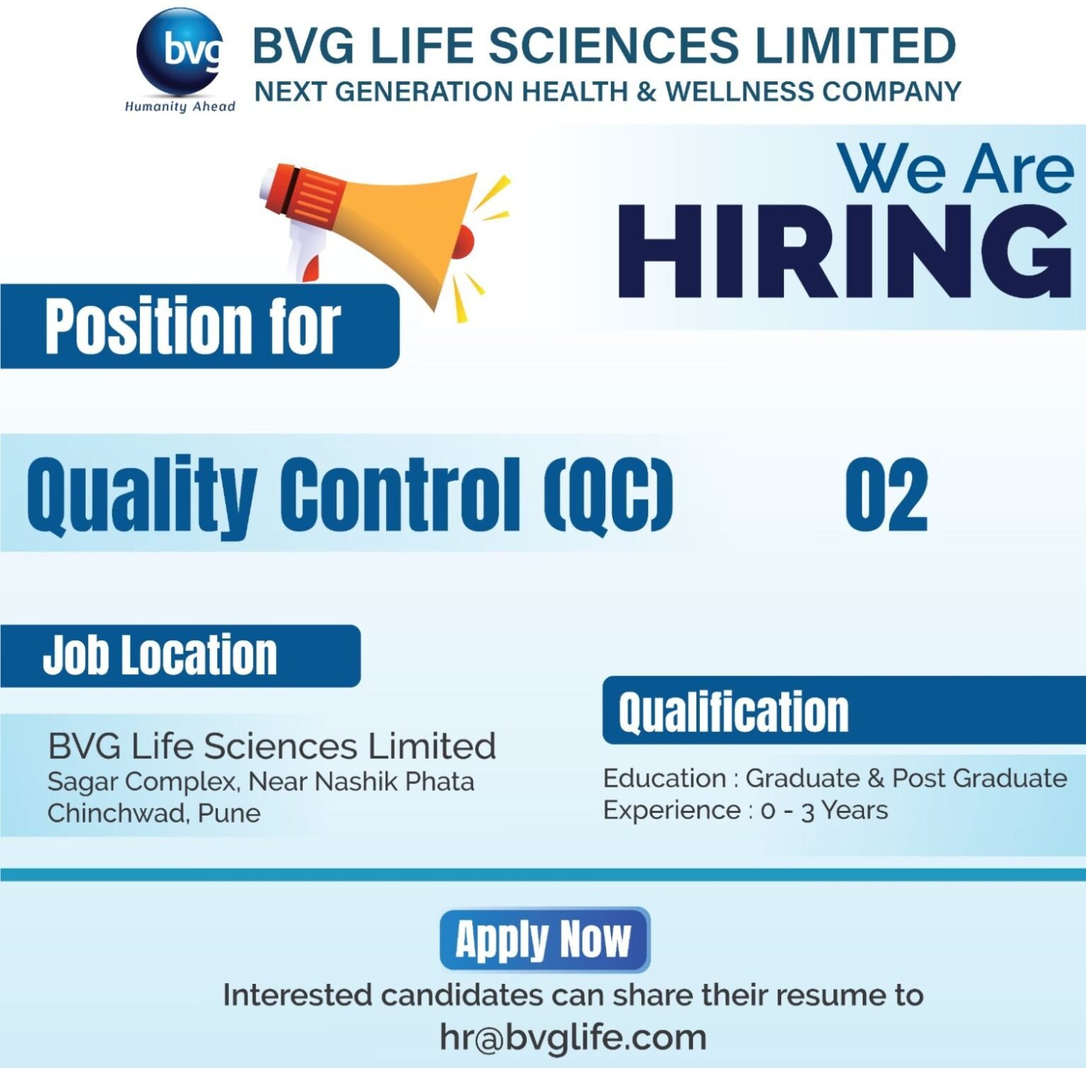 BVG Life Sciences Hiring Freshers & Experienced for Quality Control (QC)
