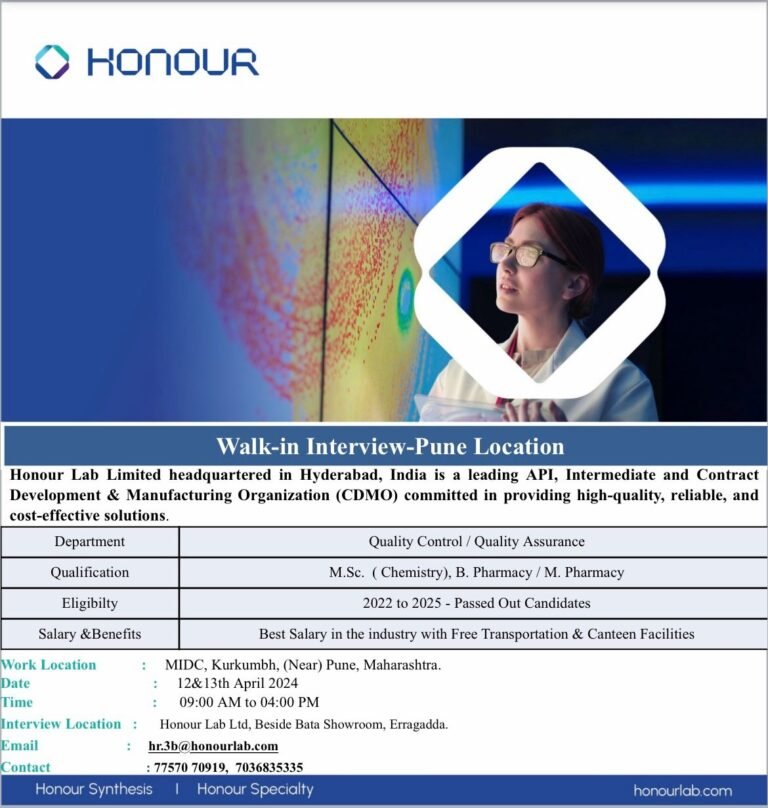 Honour Lab Hiring FRESHERS for Quality Control/ Quality Assurance