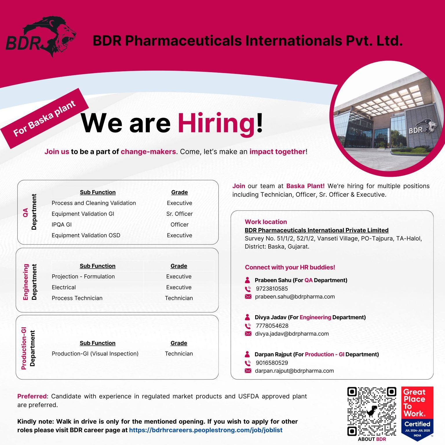 BDR Pharmaceuticals Hiring for Production - GI / Engineering / Quality Assurance / OSD