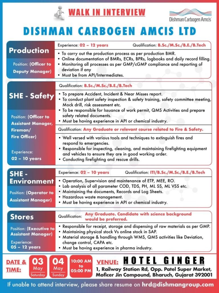 Dishman Carbogen Amcis Hiring for Production / QC / Store / Warehouse ...