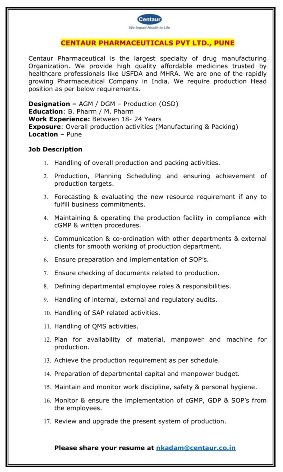 Hiring: OSD Production Lead at Centaur Pharmaceuticals | cGMP ...