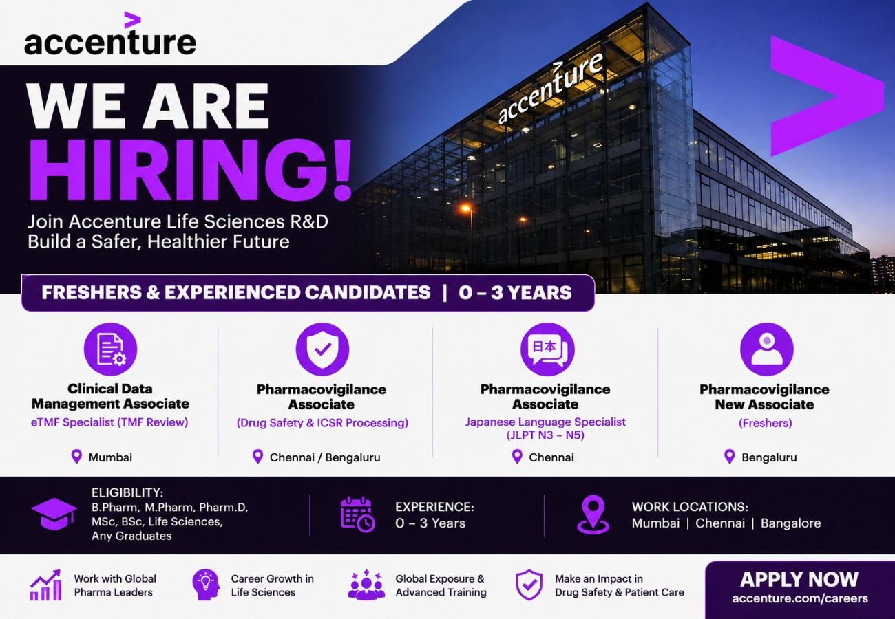 Accenture Hiring Freshers in CDM, TMF, Pharmacovigilance & Japanese PV role