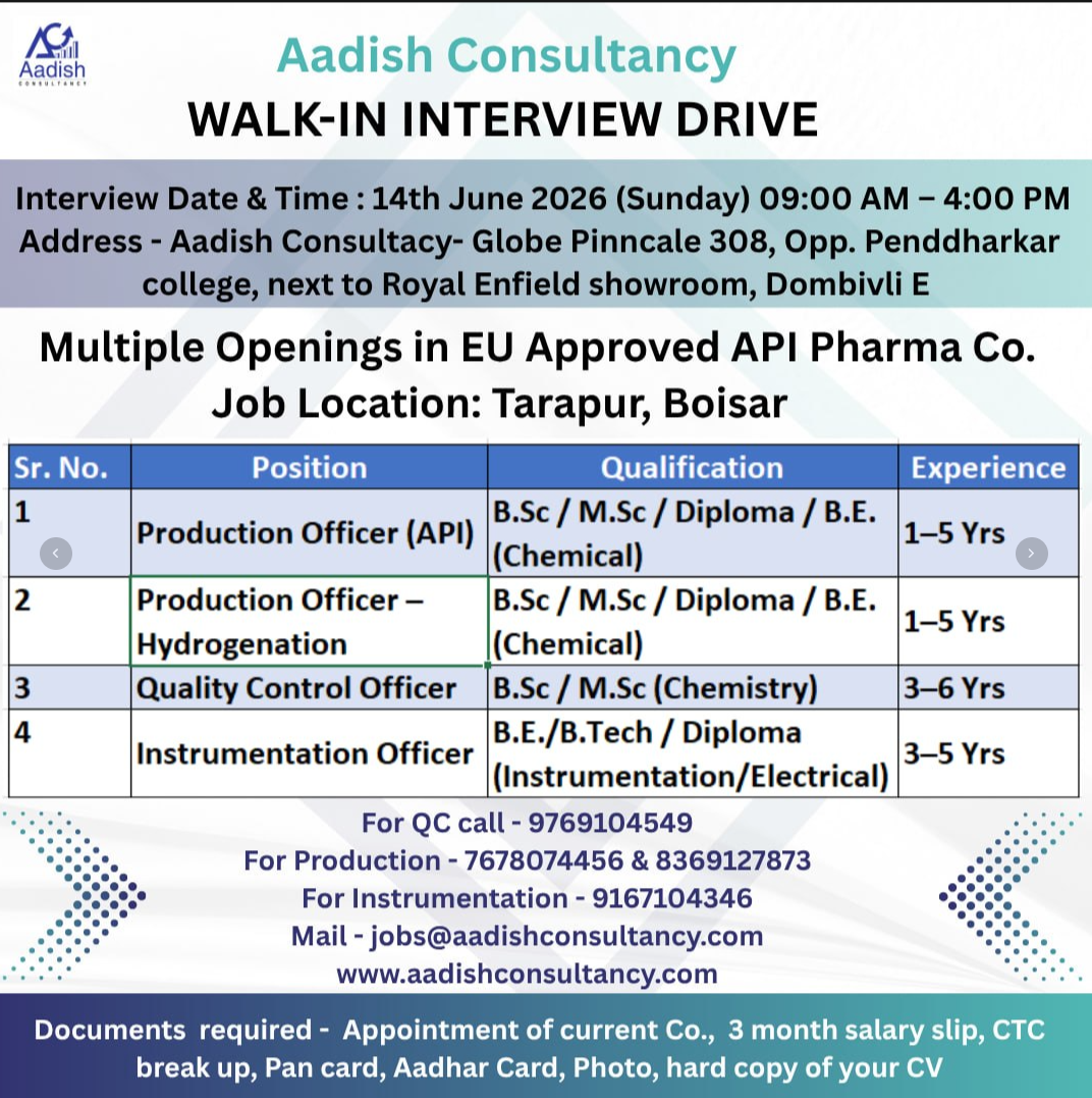 API Pharma Walk-In Interview 2026 | Production, QC & Instrumentation Jobs